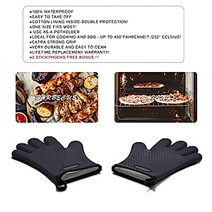 Kitchen Oven Gloves,Silicone and Cotton Double-Handle Hot Food Right on Your Grill Fryer,Layer Heat Resistant Oven Mitts/BBQ Gloves/Grill Gloves-Perfect for Baking and Grilling,10.8x7.7inches,Black