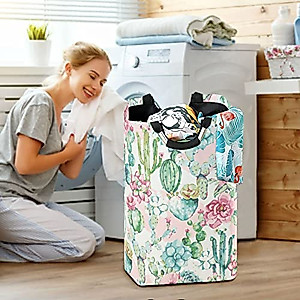 xigua 50L Watercolor Cactus Laundry Hamper, Collapsible Large Laundry Basket with Handles, Portable Clothes Hamper for Laundry, Bathroom, Bedroom, College Dorms