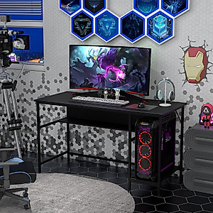 IFANNY 55’’ Computer Desk, PC Gaming Desk with Power Outlet & USB Ports, Large Home Office Desk with Storage Shelves & Steel Frame, Industrial Study Desk for Bedroom (Black)