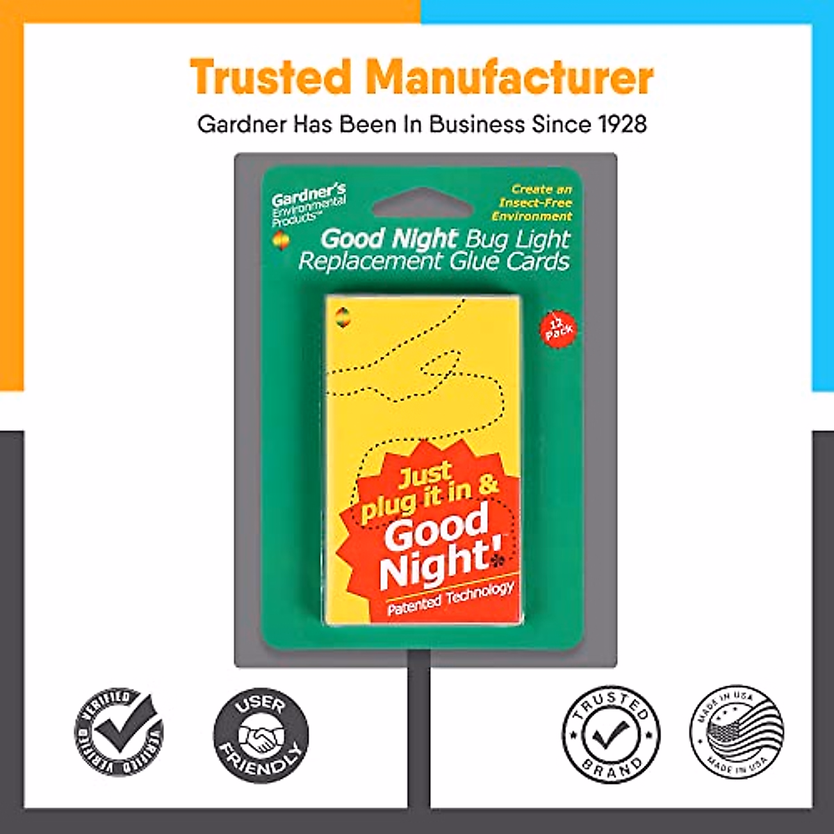 Gardner Good Night Glueboards Insects Catcher for Indoors 1 Pack of 12 Replacement - Sticky Glue Card for Good Night Bug Light - Glue Traps Mosquitoes, Bugs, Fruit Flies and Many More Insects