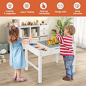 Costzon Kids Table, 3 in 1 Wood Building Block Desk w/Storage, Paper Roll, Reversible Tabletop for Toddler Arts, Crafts, Drawing, Reading, Playing, Gift for Boys Girls, Activity Table (White)