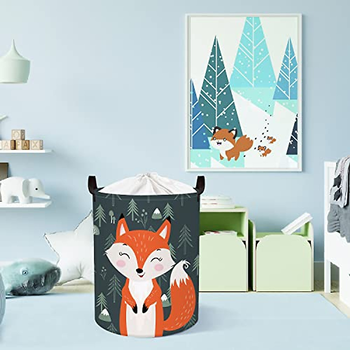 Clastyle 45L Smile Foxes Kids Laundry Baskets for Bedroom Collapsible Waterproof Tree Laundry Hamper with Drawstring for Toys, 14.2 * 17.7 in