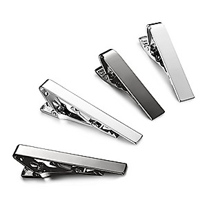 LOYALLOOK 2pcs 2.15Inch Mens Tie Bar Pinch Clip Set for Regular Ties and 2pcs 1.5Inch Skinny Tie Clip with Gift Box Silver Black Tone Pack