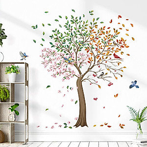 wondever Colorful Large Tree Wall Stickers Tree with Flower Birds Peel and Stick Wall Art Decals for Living Room Bedroom TV Wall (H: 63inch)