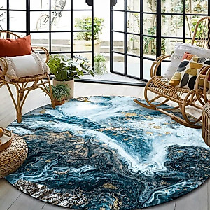 Large Area Rug for Dining Room 5ft Blue Circle Rug Marble Ocean Waves Throw Rug Modern Abstract Round Rug for Bedroom Non-Slip Soft Floor Mats