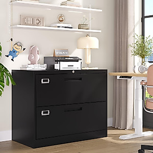 BYNSOE 2 Drawer Lateral File Cabinet Metal Filing Cabinet with Lock Office Home Steel Lateral File Cabinet for A4 Legal/Letter Size Lockable Wide Metal Cabinet,Assembly Required(2 Drawer, Black)