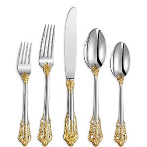 KEAWELL Luxury 20 Pieces 18/10 Stainless Steel Flatware set, Service for 4, silver plated with gold accents, Fine Silverware set and Dishwasher Safe (Gold Accent)