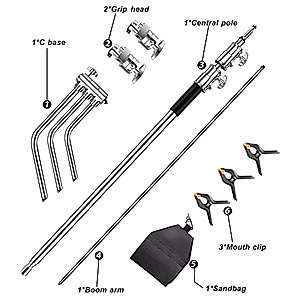 C Stand with Boom Arm-Photography Light Stand - Max Height 10.5ft/320cm, with 4.2ft/128cm Holding Arm ,Photography Stainless Steel Heavy Duty Stand Silver (CXJH01)