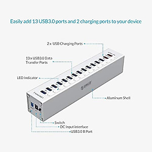 SHYPT Aluminum 13 Port Multi USB3.0 HUB Splitter with 12V/5A Independent Power Supply 2 Charging Port