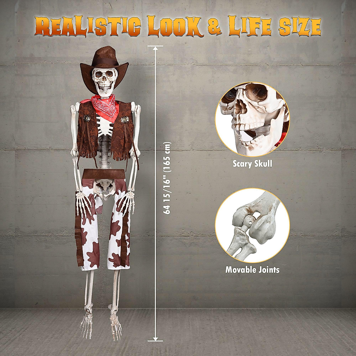 AW Pirate Life Size Skeleton Poseable, Full Size Western Cowboy Skeleton 5.4 Ft Plastic for Halloween Party Outdoor Patio Decorations Haunted House Props 2024