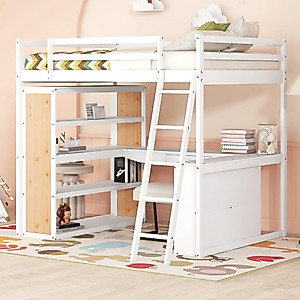 BIADNBZ Full Size Loft Bed with Desk, Shelves, Drawer and Ladder, Solid Wood Bedframe, for Kids Teens Adults Bedroom, White