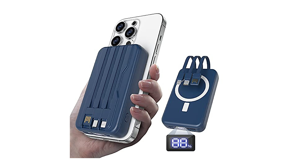 Wireless Portable Charger 10000mAh with Built-in Cables & Wireless Charging