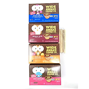 Wide Awake Coffee Variety 4-Pack - French Vanilla, Breakfest Blend, Hazelnut, Donut Shop, with Bonus of 20 Wooden Coffee Stirrers