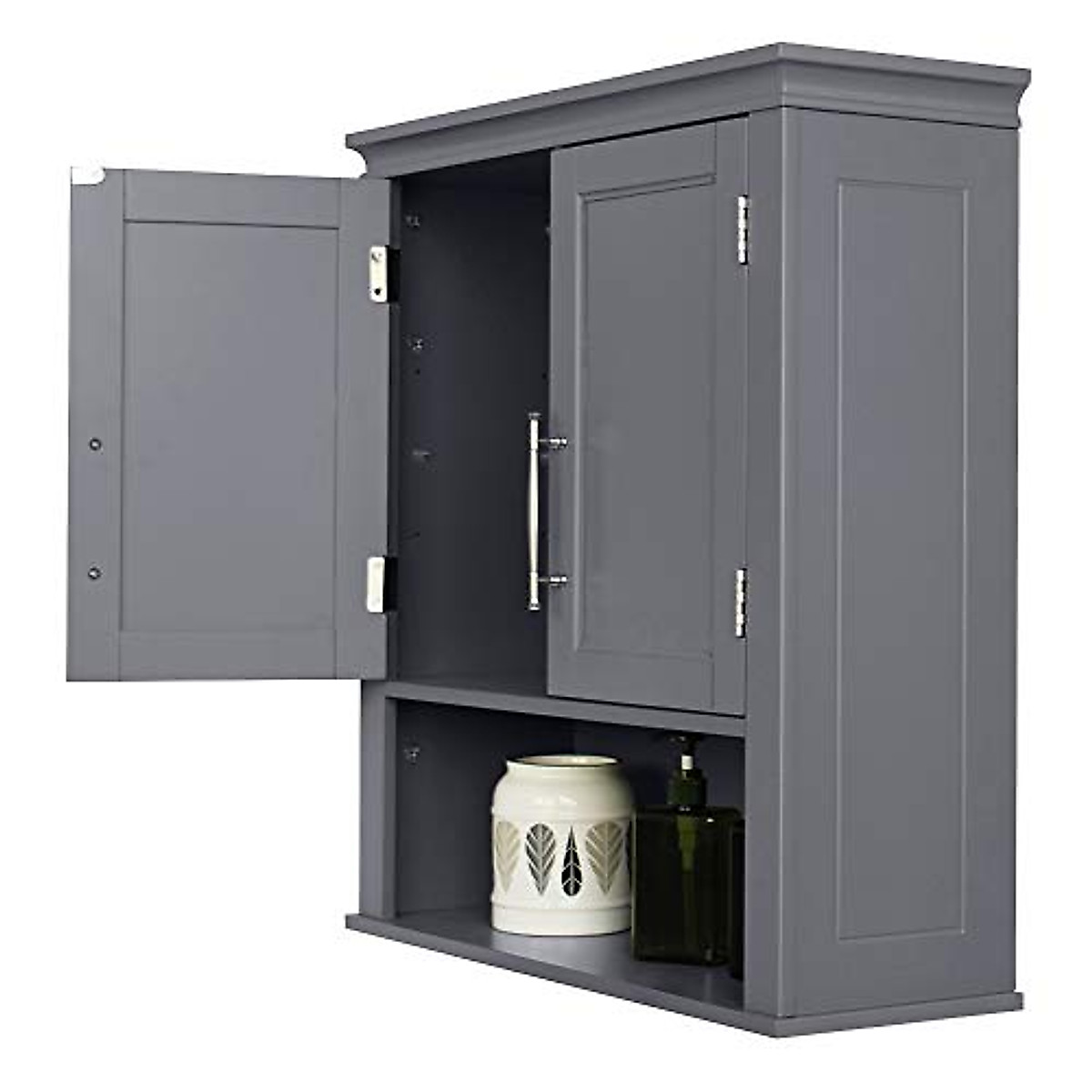 Road.Ahead White Wall Mounted Wall Cabinet,Two-Door Wall Cabinet, Medicine Cupboard, Hanging Bathroom Storage with Height Adjustable Shelf and Rod Medicine Cabinets- Grey