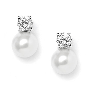 Mariell White Pearl Bridal Earrings with Cubic Zirconia Crystal Top, 9mm White Pearl Stud Earring, Perfect for Brides, Bridesmaids, Wedding Party and Everyday Wear