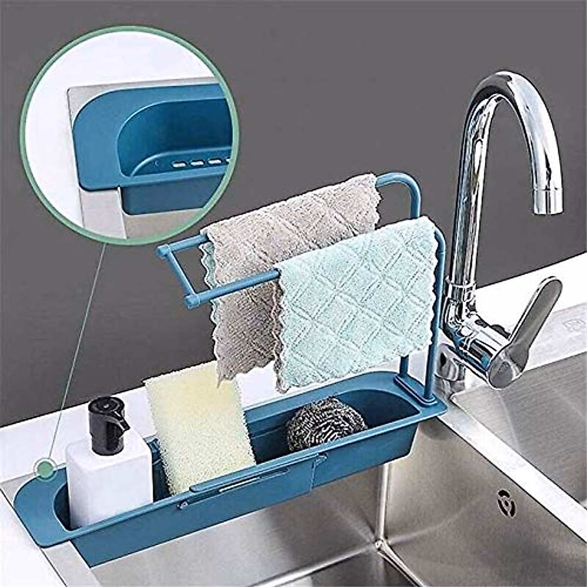 Telescopic Sink Storage Rack – Premium Kitchen Sink Rack – Durable Plastic Expandable Kitchen Rack for Dish Soap, Gloves, Sponge – Built-in Towel Dryer – Easy and Quick Assembling (Gray)