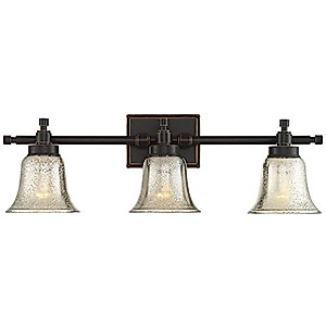 Possini Euro Design Varra Antique Wall Mount Light Antique Silver Bronze Metal Hardwired 26 1/2" Wide 3-Light Fixture Bell Mercury Glass Shades for Bathroom Vanity Mirror House Home Room Decor