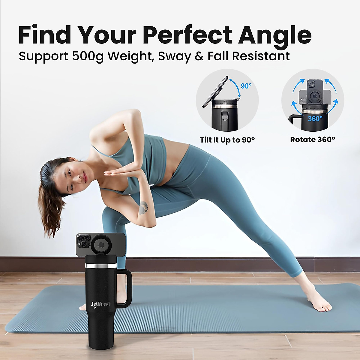 JetFresh 40 oz Tumbler with Handle and Straw Magnetic Phone Holder Tripod Lid Perfect for Car Phone Holder - Insulated Stainless Steel Leak Proof Spill Proof Water Tumbler for Men and Women Cup