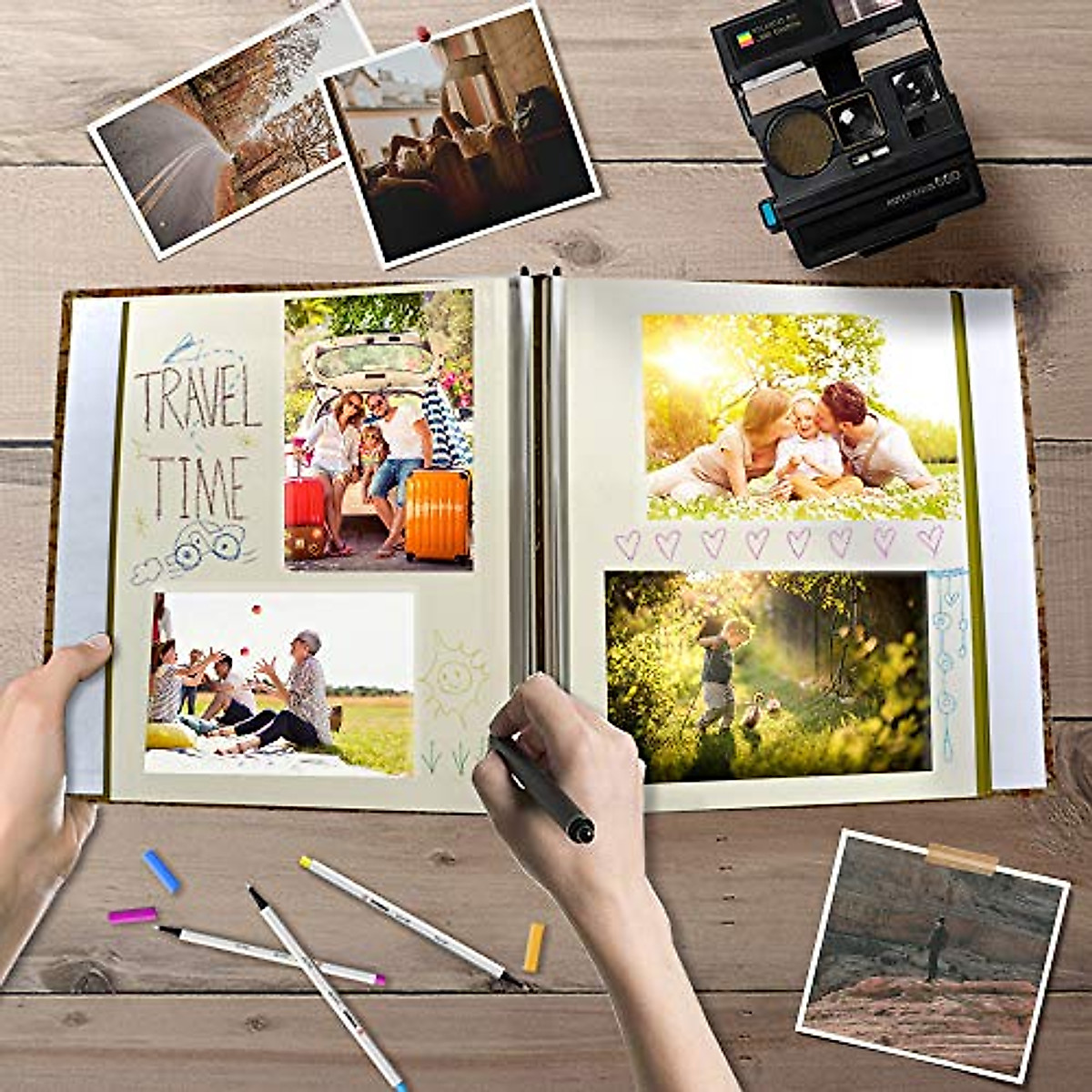 Holoary Self Adhesive Page Photo Album with Metallic Pen Magnetic Self-Stick Page Scrapbook for 3x5 4x6 5x7 6x8 8x10 Hand Made DIY 40 pages Albums, Printed Kraft Paper Cover Old Map Adventure World Travel Vacation Memory Book