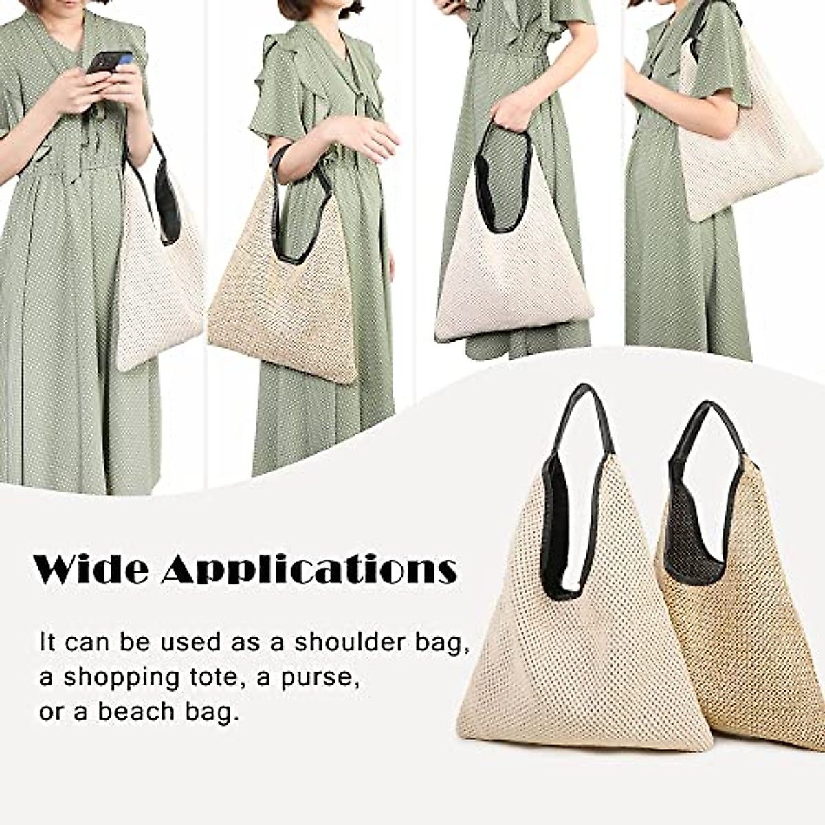 Hobo Shoulder Bags Woven Tote Bag Minimalist Trendy Purse Casual Shopping Handbags Slouchy Straw bag for Women(white-1)