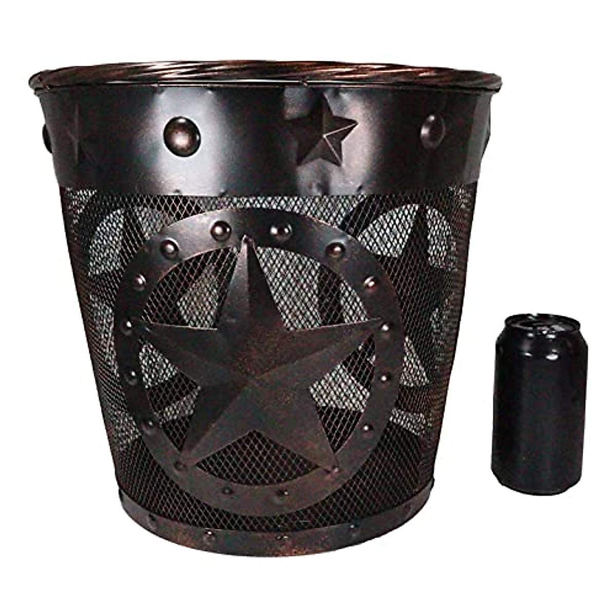 Ebros Rustic Western Texas Lone Stars in Circles of Nailheads with Braided Metal Rope Trim Wire Waste Basket Bin 12.75" Wide Home and Bathroom Accent Country Farmhouse Cowboy Decorative Trash Can