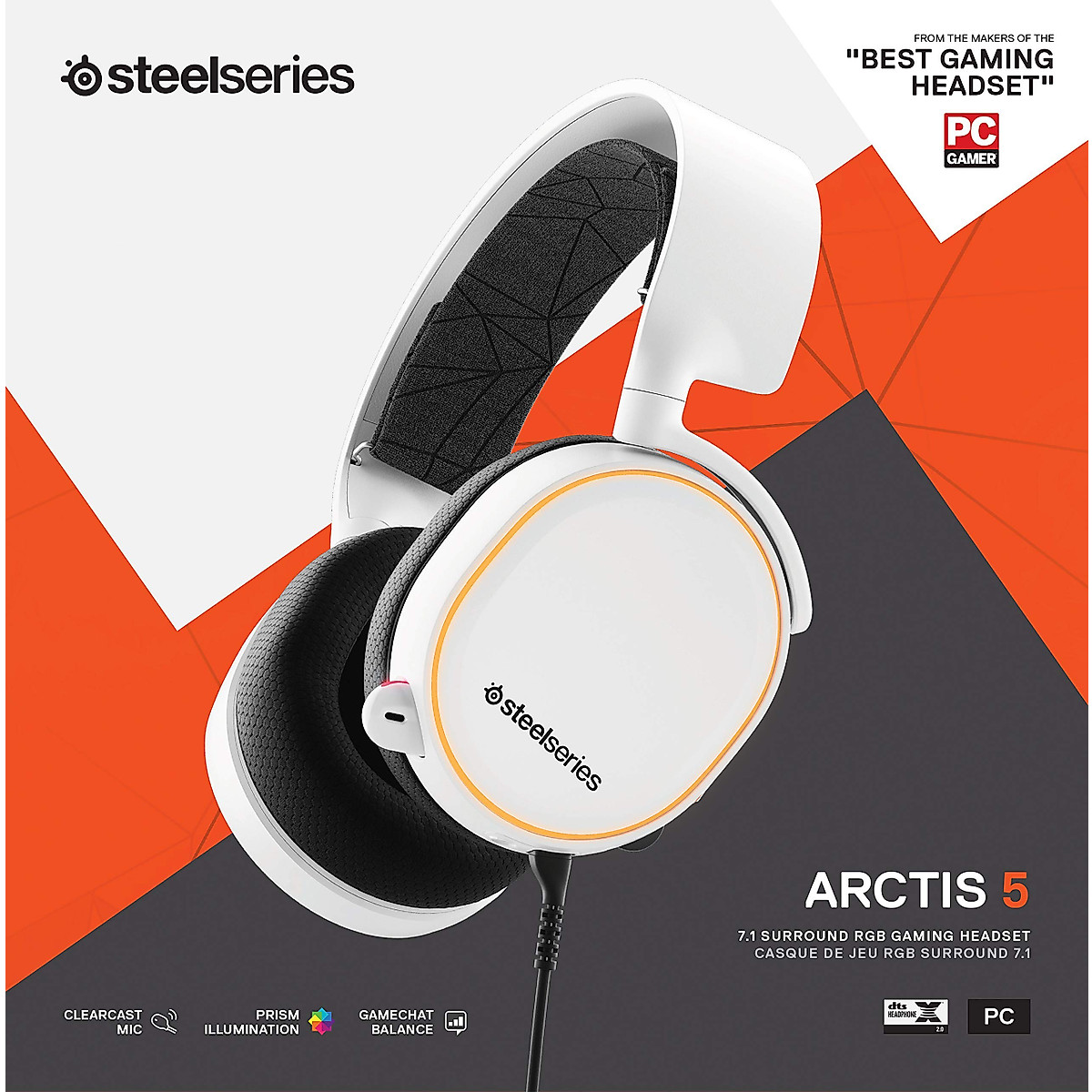 SteelSeries Arctis 5 (2019 Edition) RGB Illuminated Gaming Headset with DTS Headphone:X v2.0 Surround for PC and PlayStation 4 - White (Renewed)