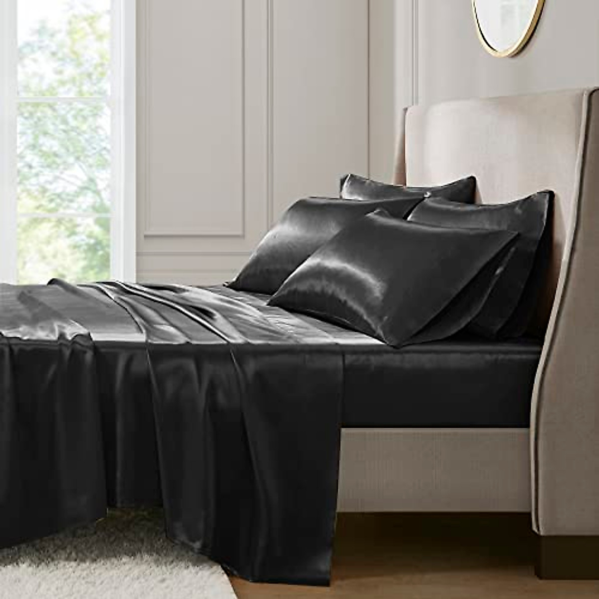 Madison Park - SHET20-173 Satin Wrinkle-Free Luxurious and Silky with 16" Deep Pocket 6 Piece Durable Sheet Set, Queen, Black