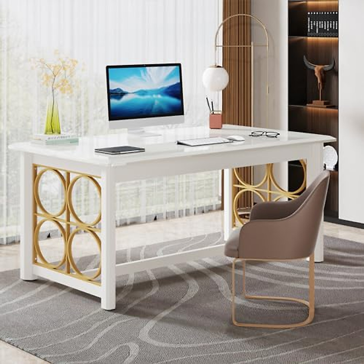 LITTLE TREE 63-inch White Executive Desk, Modern Office Desk with Stable Gold Metal Legs, Large Office Computer Desk, Home Office Business Furniture, Glossy White