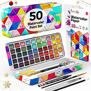 Funcils Watercolor Paint Set - 50 Travel Watercolors Set - Water Colors Paint for Adult, Kids, Beginners, Professional Artists | Watercolor Palette with Paper, Brush, Pen | Art Supplies for Adults
