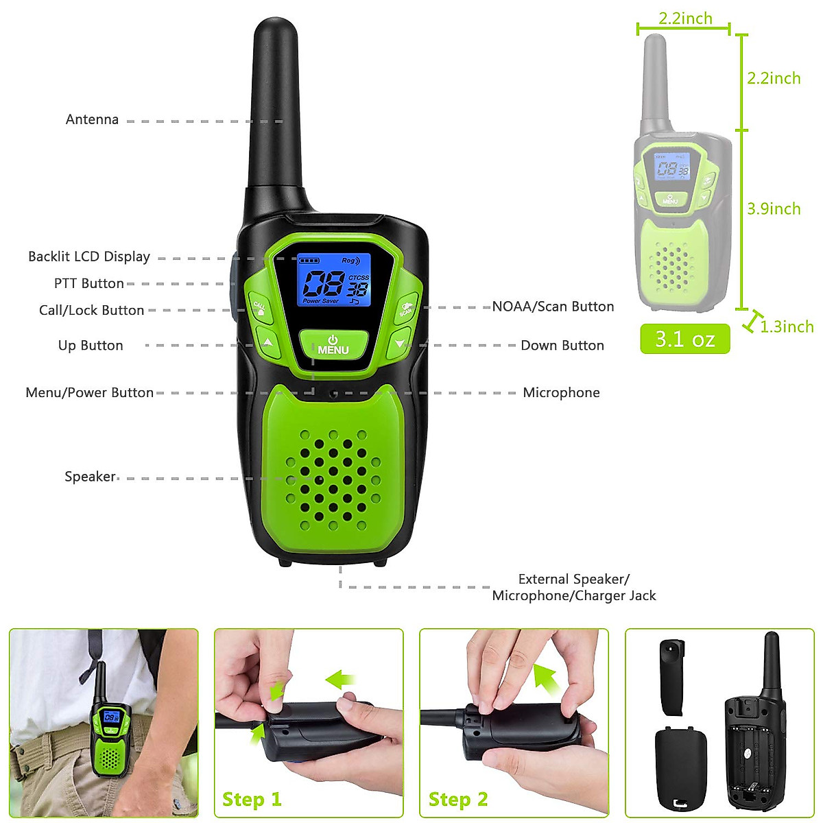 Walkie Talkies for Adult, Rechargeable Long Range Walky Talky Handheld Two Way Radio with NOAA Weather Channel, 6x1000MAH AA Batteries and USB Charger Included (Blue and Green 2 Pack)