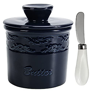 SGAOFIEE Porcelain Butter Crock, Butter Keeper Dish, French Ceramic Crock with Lid, Countertop French Ceramic Butter Dish Keeper for Spreadable Butter, Navy