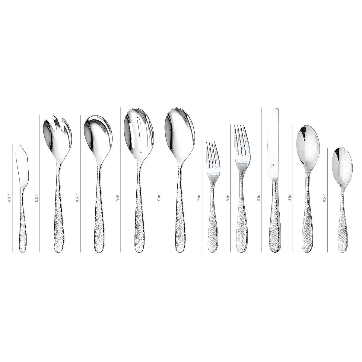 DANIALLI 45 Piece Silverware Set For 8, Includes 5-Piece Hostess Serving Utensil Set, 18 10 Stainless Steel Silverware Set, Modern Fidenza Hammered Flatware Set,Mirror-Polished Dishwasher Safe Cutlery