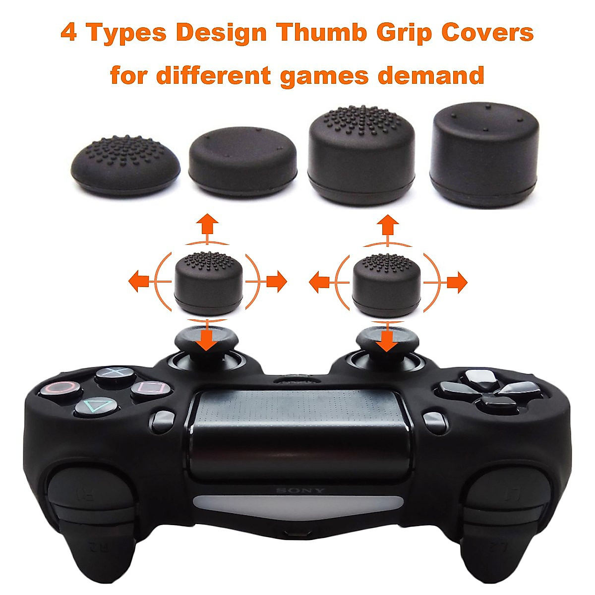 PS4 Controller Grips,Pandaren Studded Anti-Slip Silicone Cover Skin Set Compatible for PS4 /Slim/PRO Controller(Black Skin x 2 + FPS PRO Thumb Grips x 8)