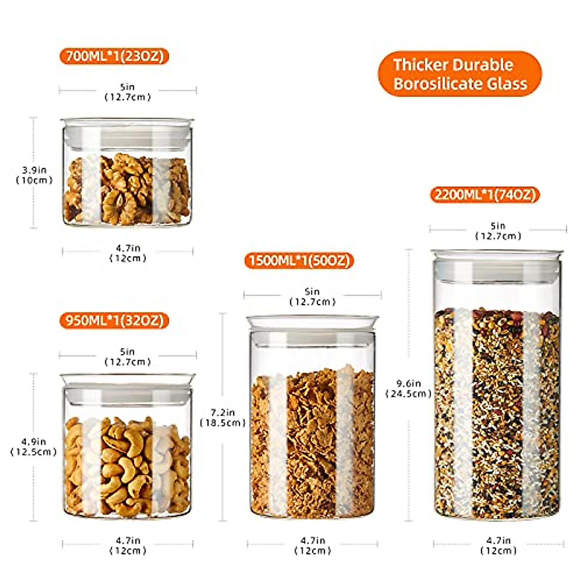 ZENS 4.7in Wide Mouth Glass Food Storage Containers, 4 Pack Glass Jars with Airtight Lids for Kithen Pantry Flour, Clear Glass Canisters Sets for Pasta Noodles, Coffee Beans -23.6oz/32oz/50oz/74oz