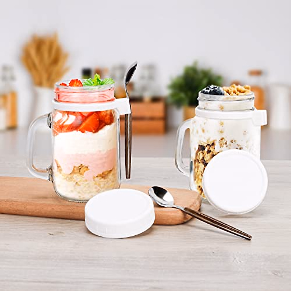 Nidhdsda Overnight Oats Containers with Lids and Spoon Set of 2, 16 OZ Mason Jars with Handle for Overnight Oats Jar Glass Oatmeal Containers for Cereal, Yogurt, Fruit, Salad, Chia Pudding(White)