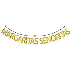 Margaritas Senoritas Gold Glitter Banner, Prestrung Mexican Fiesta Party Supplies