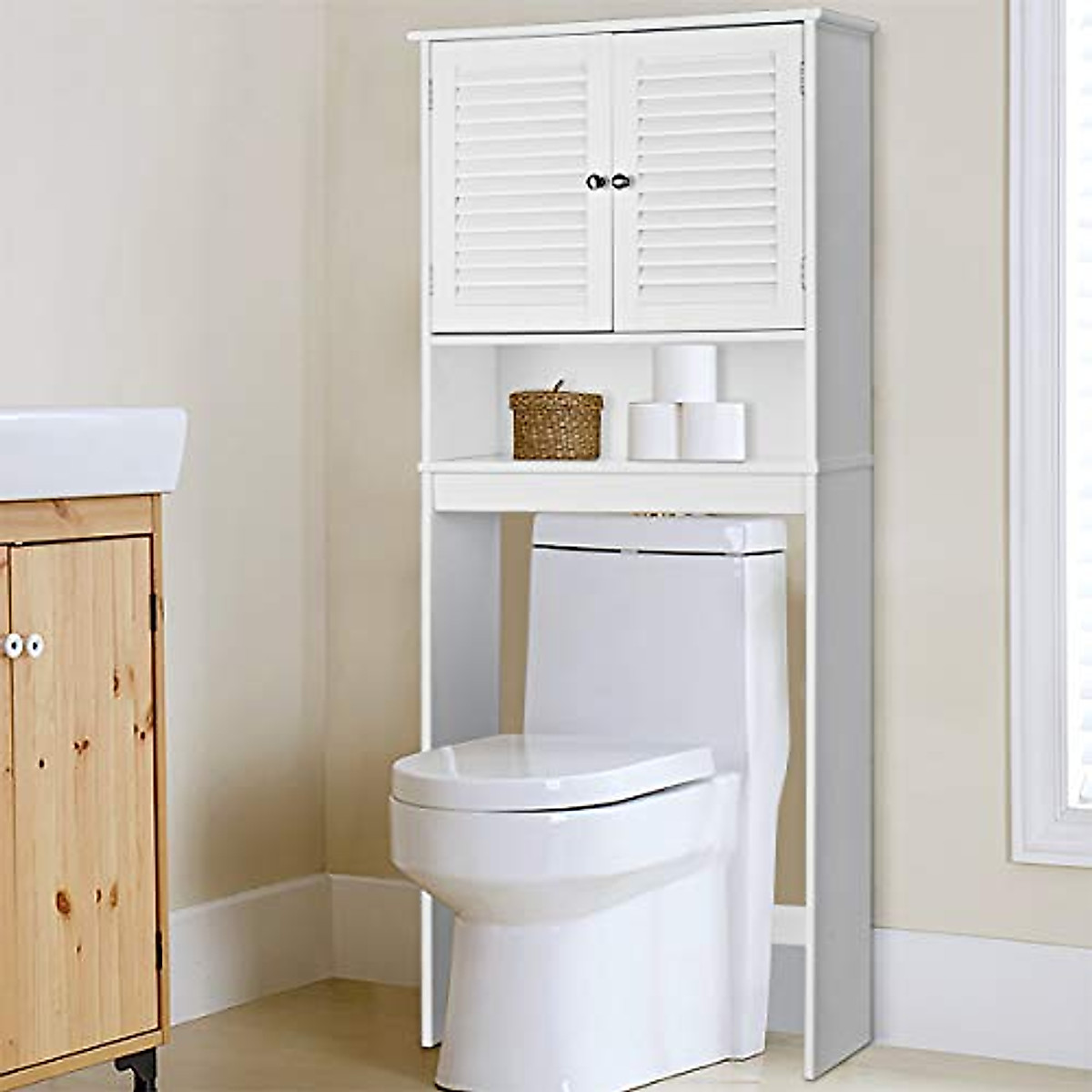 Giantex Over-The-Toilet Storage Cabinet, Freestanding Toilet Rack with 2-Door Cabinet, Adjustable Shelf, Bathroom Space Saver, Storage Organizer for Bathroom, Washroom, Laundry Room, White