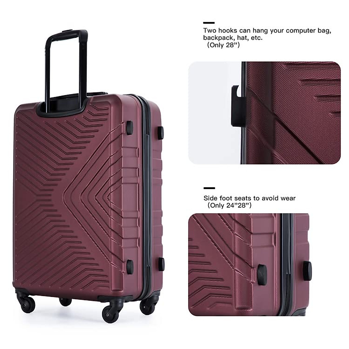 Tripcomp Luggage Sets Wear-Resistance Hardside Lightweight Suitcase Double Spinner Wheels, TSA Lock,Two Hooks, Scratch-resistant Carry-on,3 Piece Set(20inch 24inch 28inch) (Claret-red)