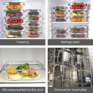 SHYRC Glass Food Storage Containers, 10 Pack Glass Meal Prep Container, Leak Proof, Glass Storage Containers with Lids, Ideal for Food Storage, Lunch, On-the-Go, Leftover - Grey