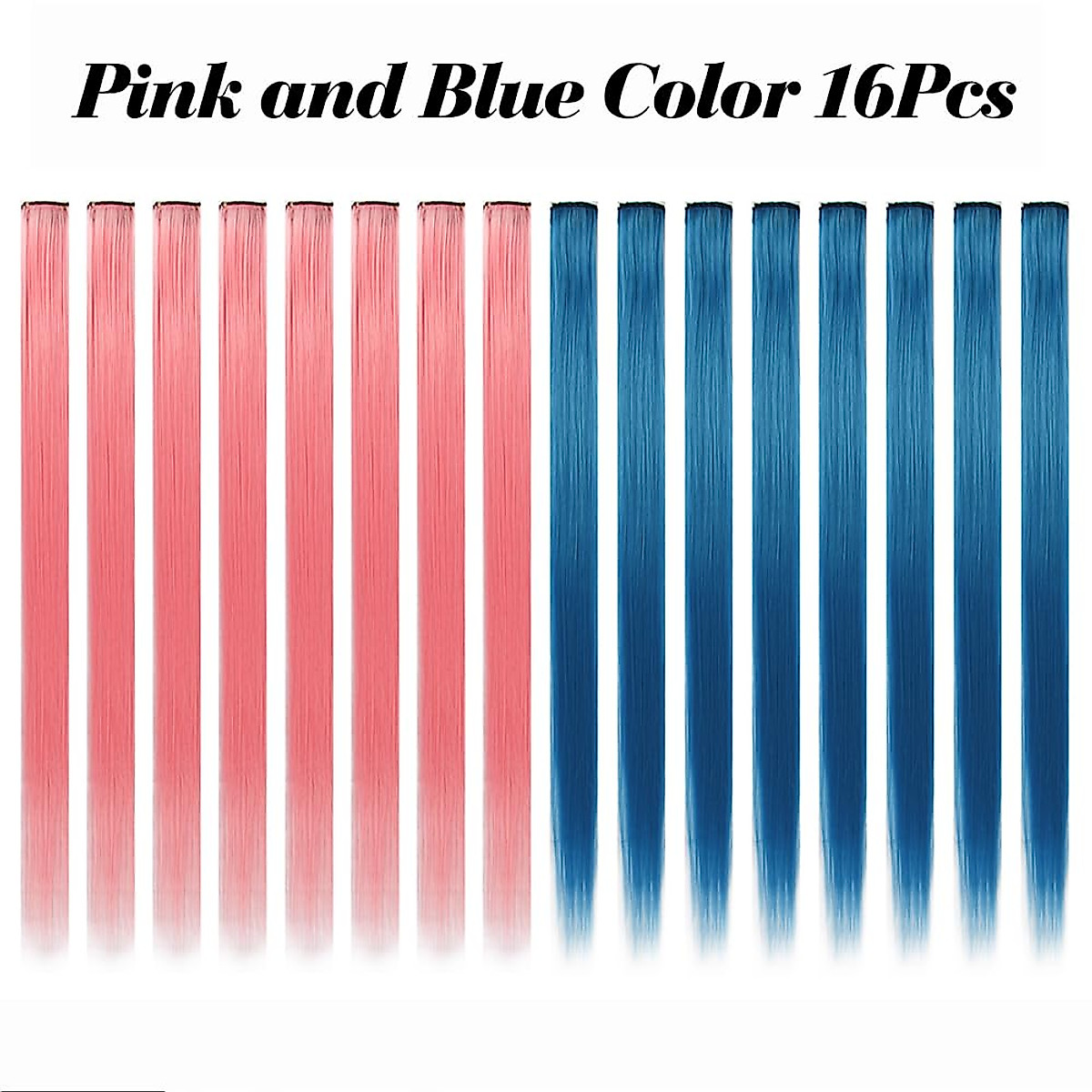 Sleekcute Pink and Blue 16Pcs Colored Hair Extensions - 22 Inch Straight Clip In Synthetic Hairpieces Ideal for Women, Kids, and Girls, for Halloween, Christmas and Cosplay