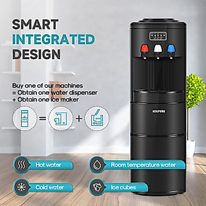 ICEPURE 3 in 1 Water Cooler Dispenser with Built-in Ice Maker, Hot Cold Room Temp Water and Bullet Ice, Top Loading 2, 3 or 5 Gallon, 26.5 Lbs per 24H Ice Maker, Child Safety Lock, Black
