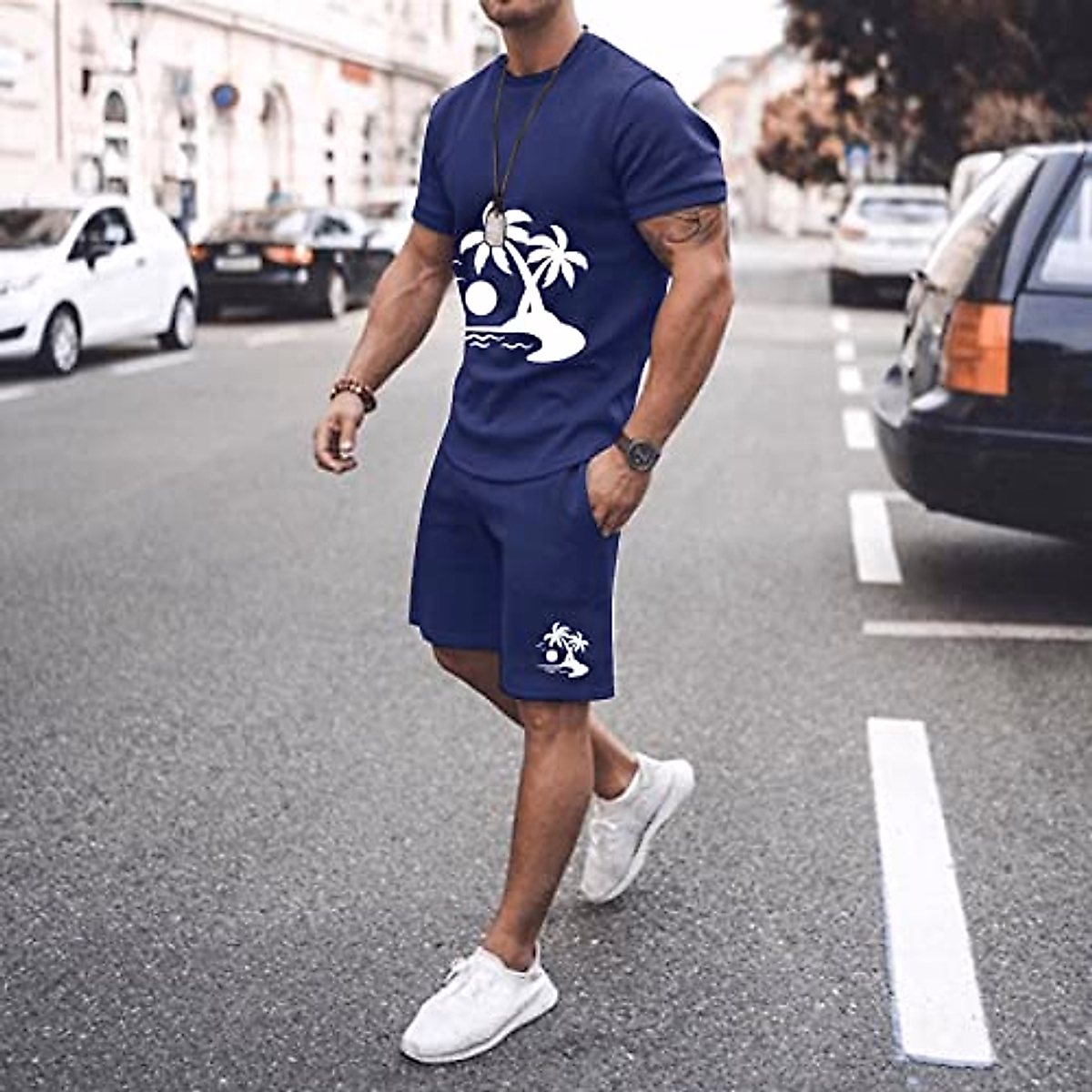 EELHOE Men Cool Tshirts For Men Mens Mens 2 Piece Outfits Summer Lightweight Classic-Fit Short Sleeve Shirts and Printed Shorts Breathable Sportswear And Me Outfits 70s Outfits Bride