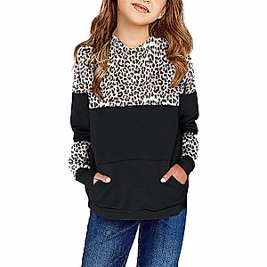 Haloumoning Kids Girls Fleece Pullover Hoodies Cute Leopard Printed Hooded Sweatshirts with Pockets 4-15 Years
