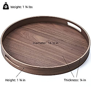 urbanplus 16.5" Walnut Large Round Serving Tray with Handles, Large Round Ottoman Tray, Bed Tray, Wood Serving Tray for Eating, Food, Coffee, Breakfast, Afternoon Tea, Decoration