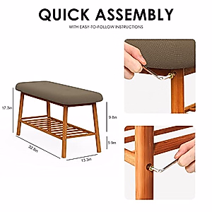 Bamworld Entryway Bench with Storage Bamboo Shoe Bench with Cushion Seat Rustic Storage Benches for Bedroom Living Room Indoor(Brown)