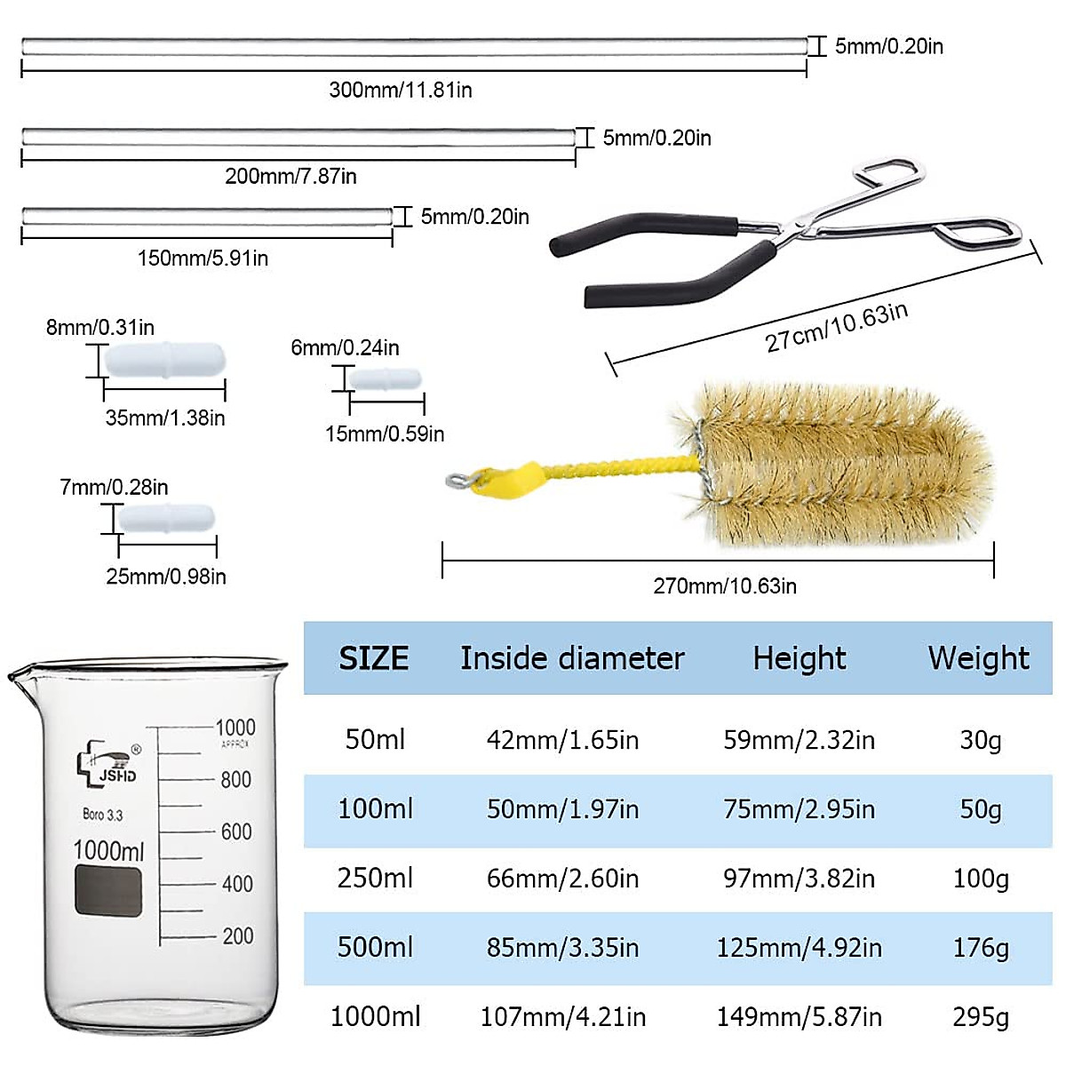 ADAMAS-BETA 14PCS Glass Beaker Set, 6 Sizes - 10ml 50ml 100ml 250ml 500ml 1000ml Graduated Beakers + 11" Beaker Tongs + 3pcs Glass Stirring Rods + 3pcs Magnetic Stir Bar + 1000ml Beaker Brush