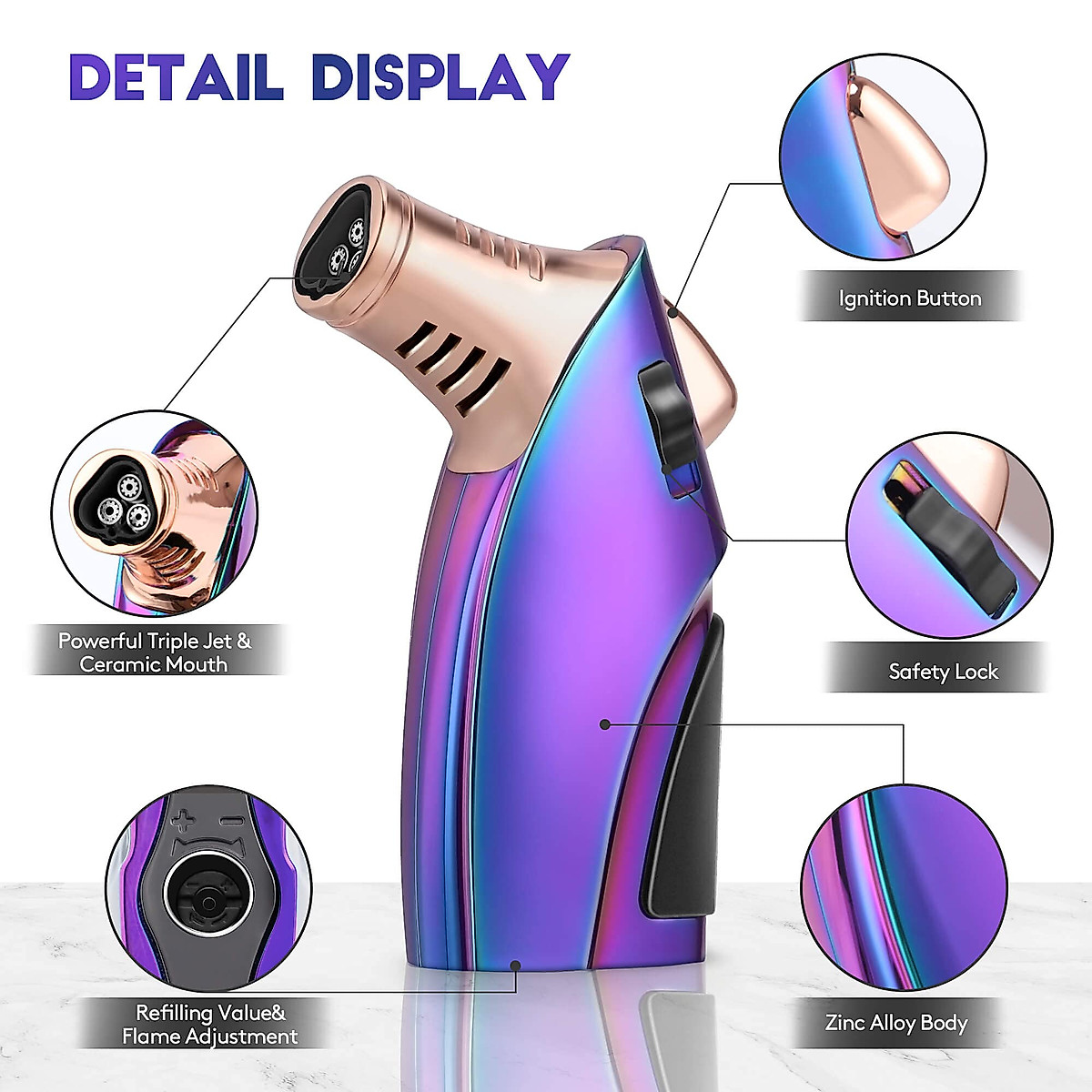 Torch Lighter, Windproof Triple Jet Flame Butane Lighter with Safety Lock, Adjustable Flame Refillable Pocket Lighter for Kitchen Outdoor Use, Zinc Alloy - Rainbow Colored (Butane Not Included)