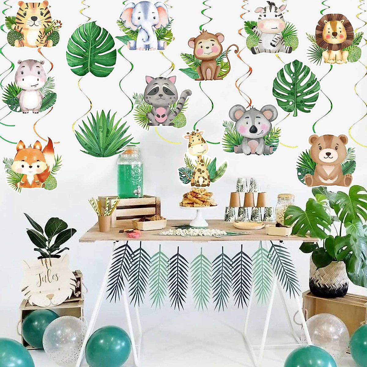 35Pcs Jungle Animals Hanging Swirl Wild One Party Birthday Decor Jungle Safari Animal Themed Wild One Birthday Party Swirls Streamers Supplies for Baby Shower Decorations