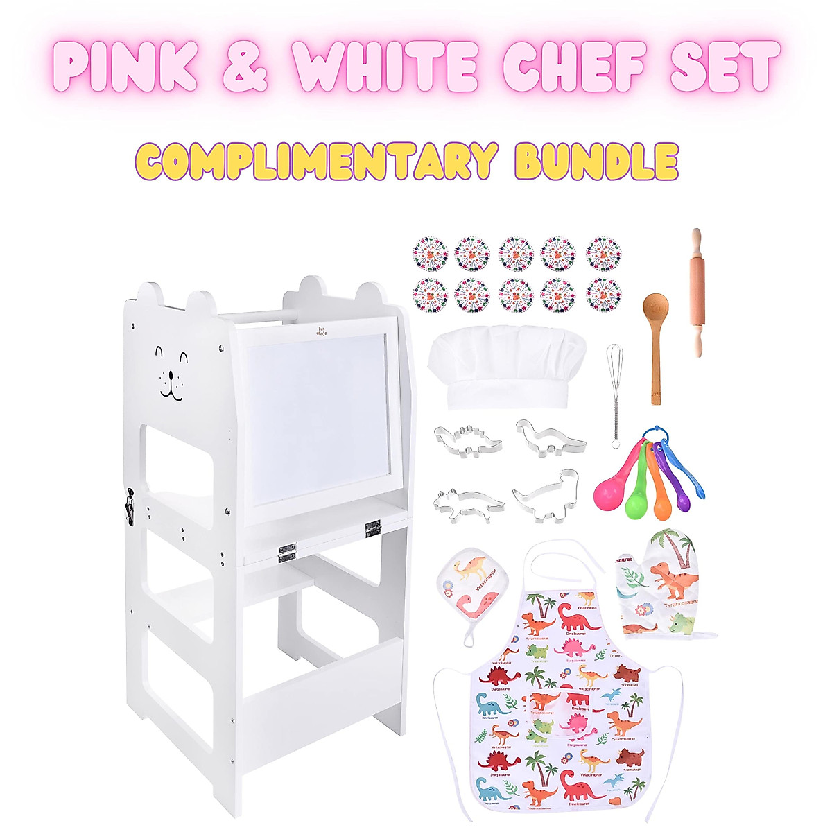 4-in-1 [Fun Ninja] Toddler Kitchen Step Stool for Children and Toddlers, Whiteboard & Art Desk, Safety Rail Tower for Kids, Parent Assistant Stepping Stool (White, Bundle)