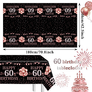 3Pcs Rose Gold 60th Birthday Tablecloths-Happy 60 Birthday Party Supplies for Women Rose Gold Disposable Rectangular Plastic Table Covers